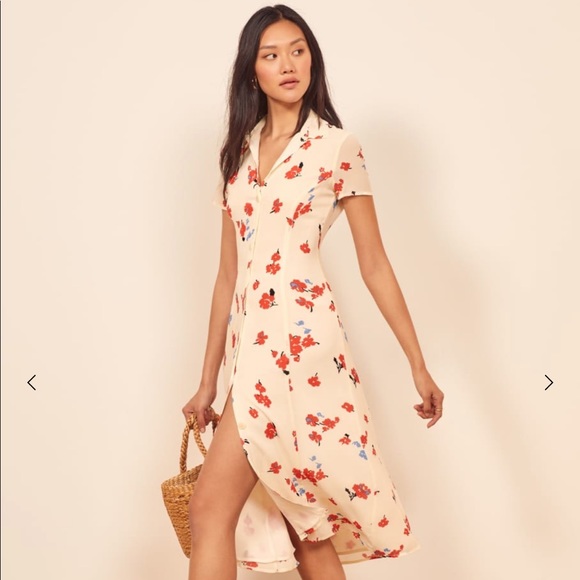 Reformation | Dresses | Reformation Floral Midi Dress In Cream And Red ...